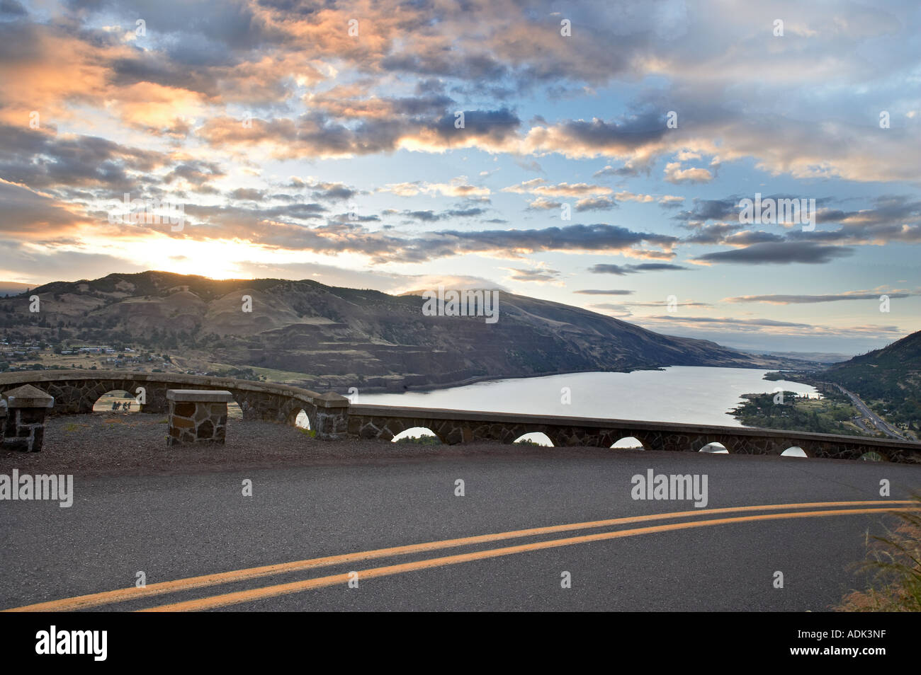 Sunrise with historic highway Columbia River Gorge National Scenic Area ...
