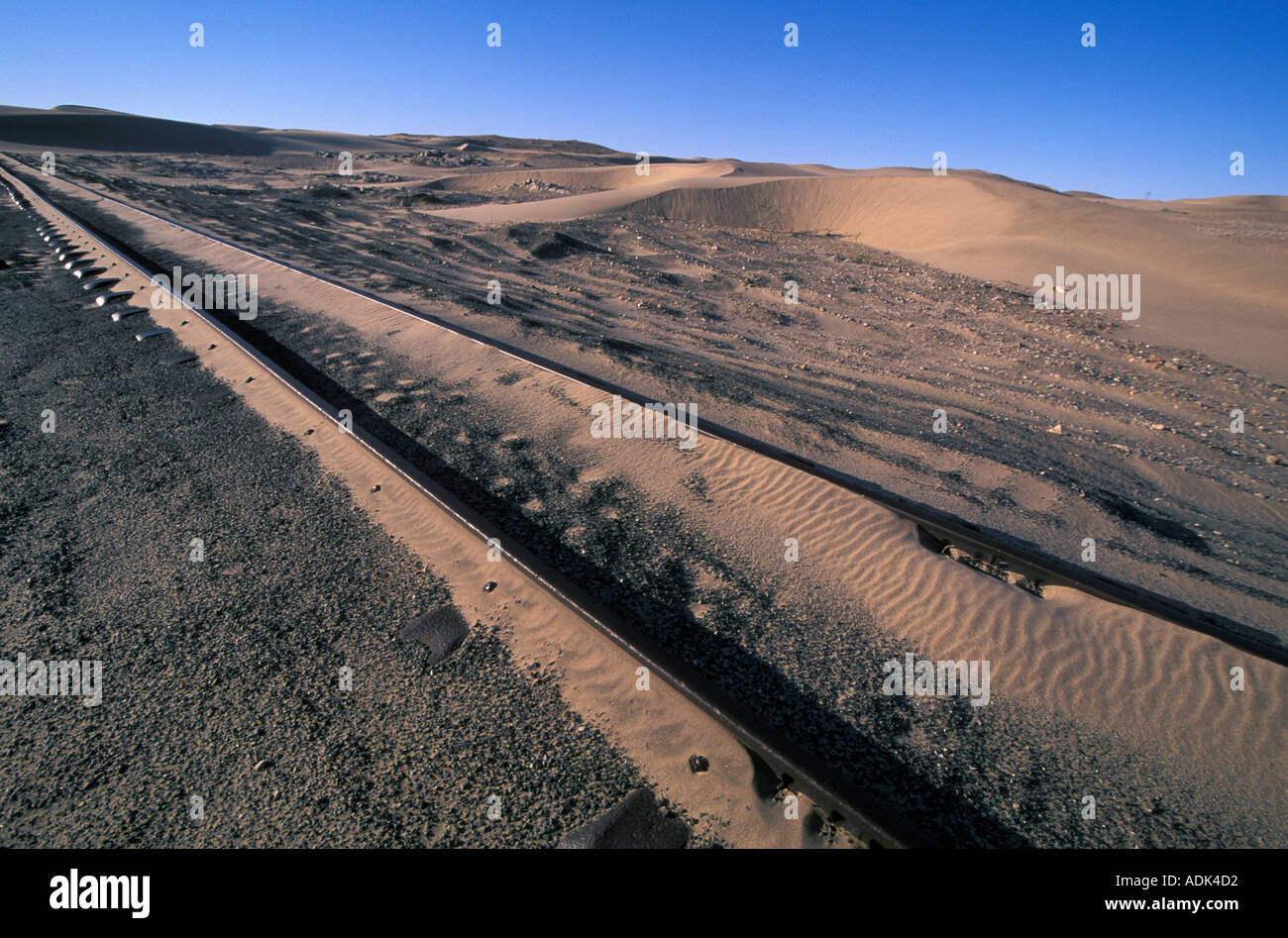 Namibia Encoraching sand dunes of the Namib cover old railway lines at ...