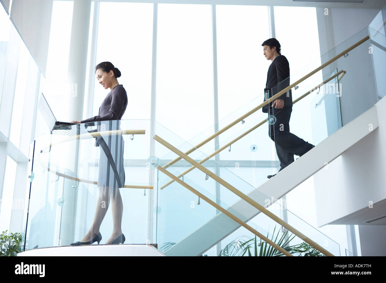 a businessman descending the stairs and a businesswoman standing on the ...
