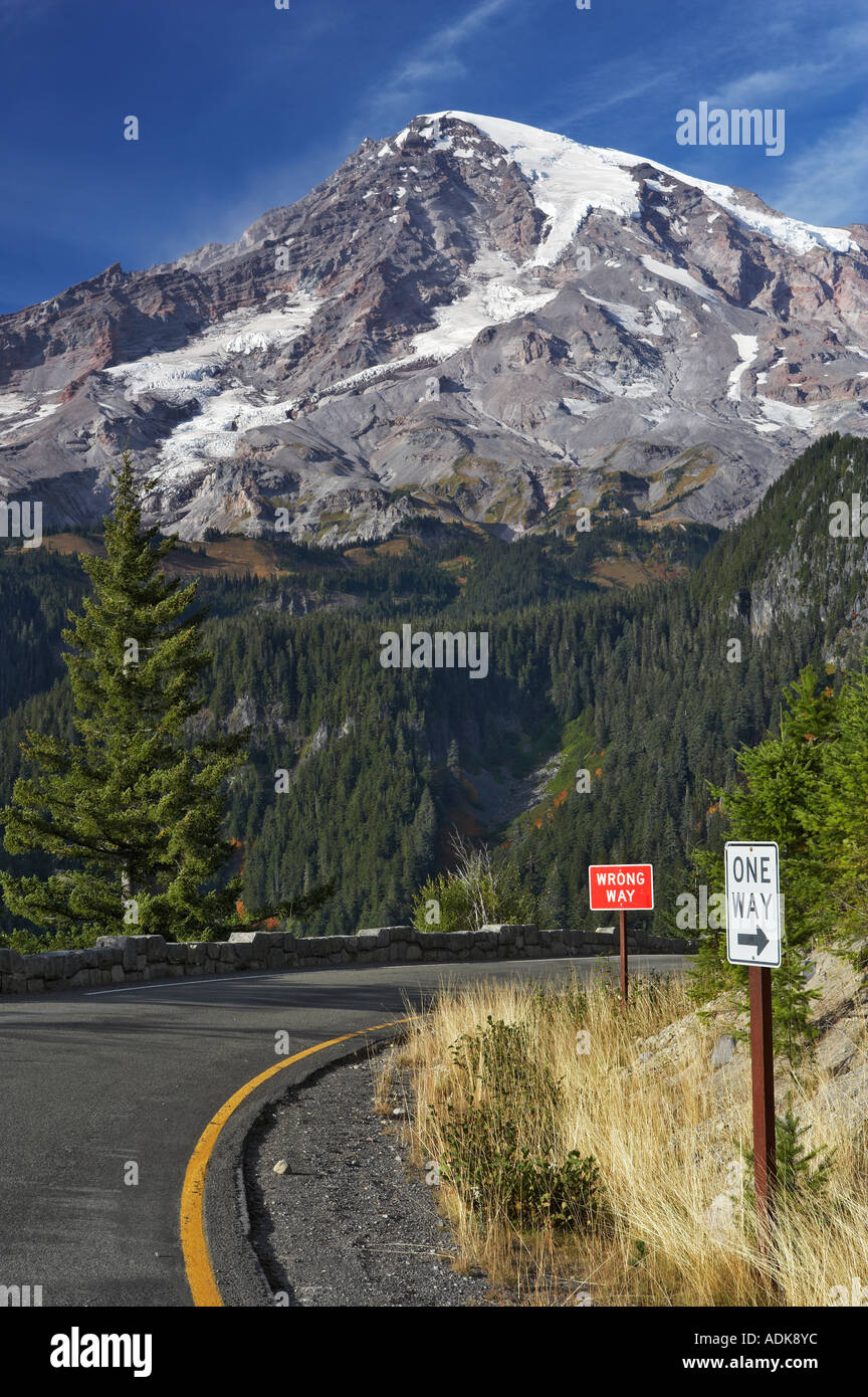 Mt Rainier with road and signs saying wrong way and one way Mt Rainier ...