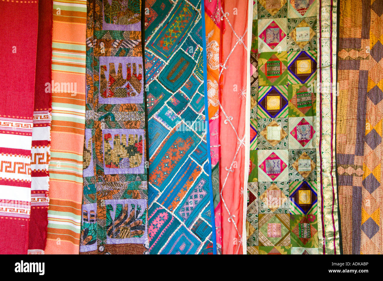 Closeups of textiles and cloth material in a store in the Plaka of ...