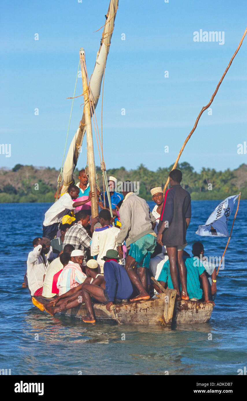 Overcrowded wooden boat ferrying passenger Mafia Island Indian Ocean ...