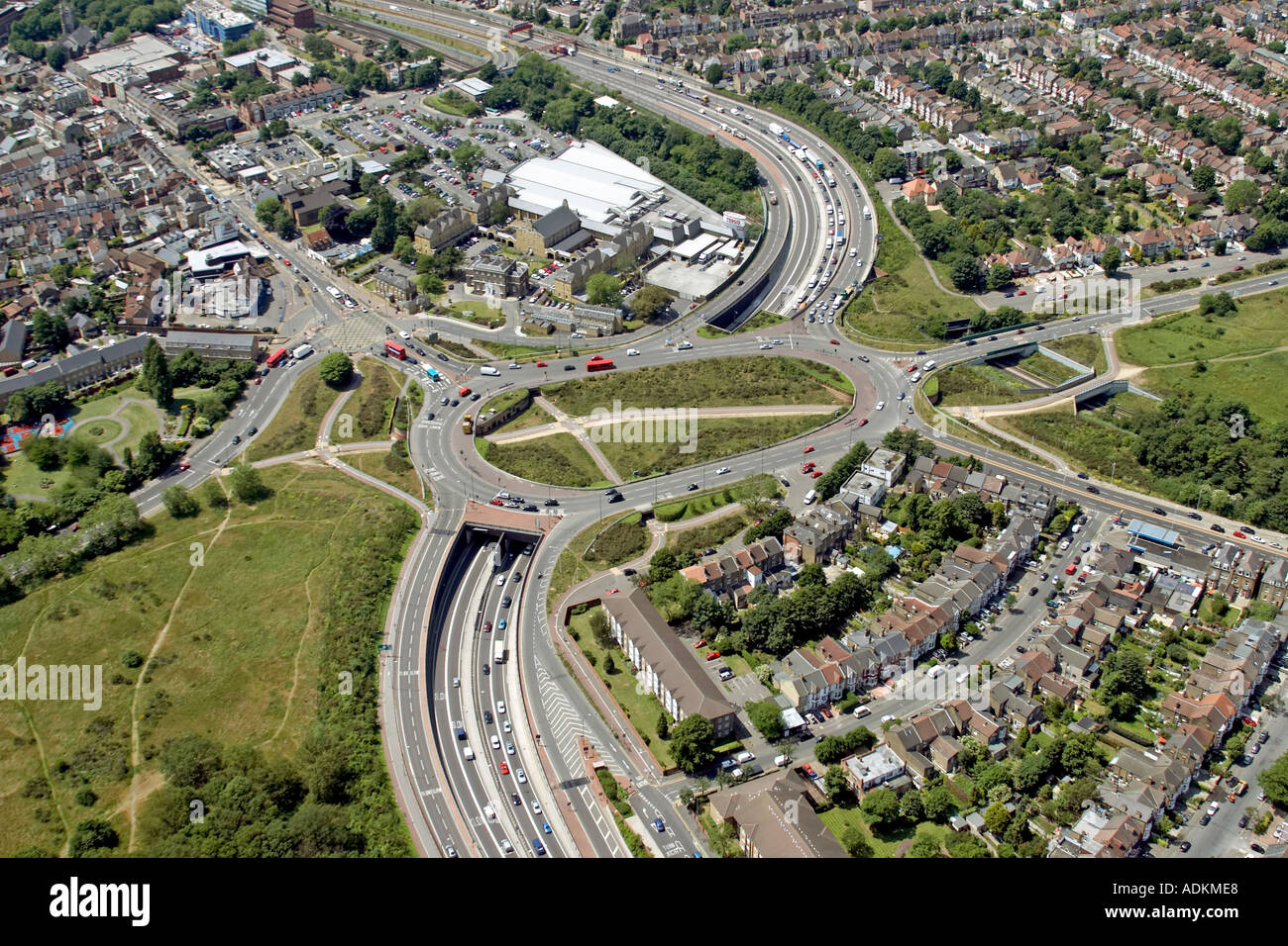 Oblique high level aerial view west of A12 with Green Man roundabout Wanstead Leytonstone London ...