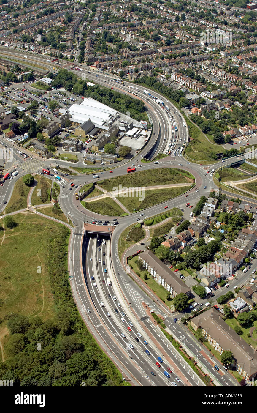 Oblique high level aerial view west of A12 with Green Man roundabout Wanstead Leytonstone London ...