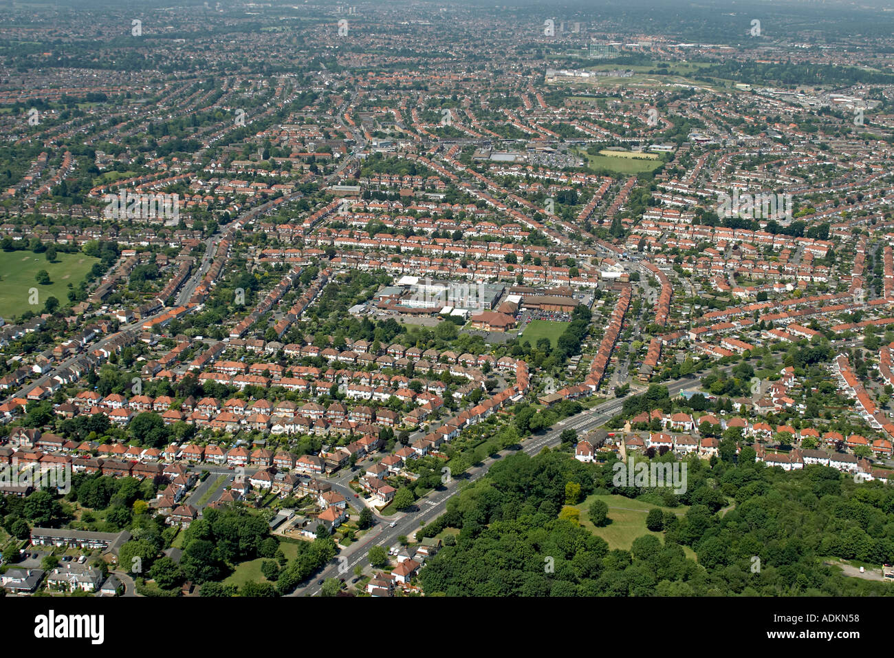 Oblique high level aerial view north west of Cheam with Cheam High ...