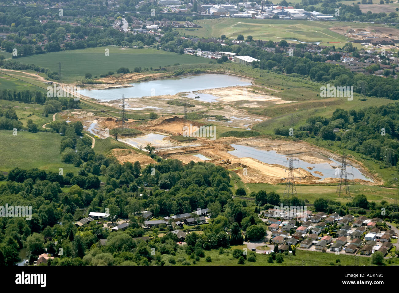 Oblique high level aerial view of a gravel pit near Weybridge London ...