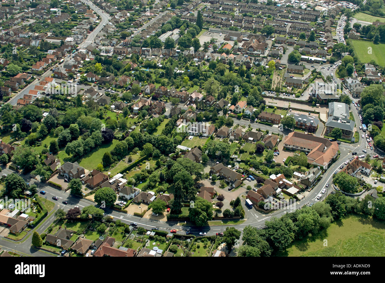 Oblique high level aerial view south of Chertsey with Bridge Road area ...