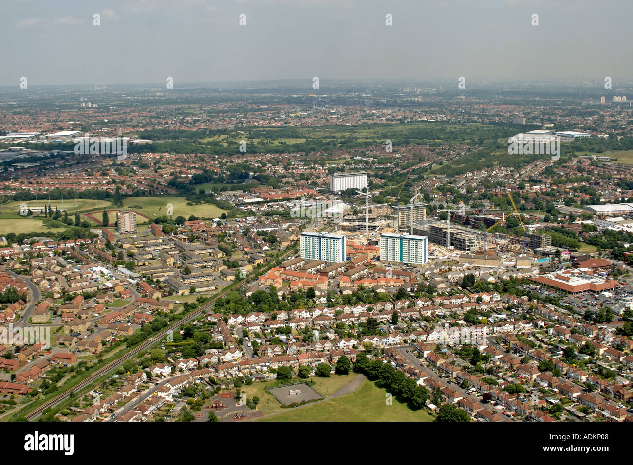 Oblique high level aerial view north east of Feltham area with Feltham ...