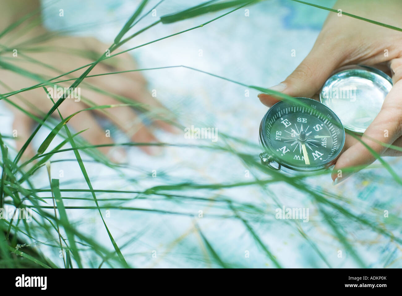 Person studying map and holding compass, cropped view of hands Stock ...