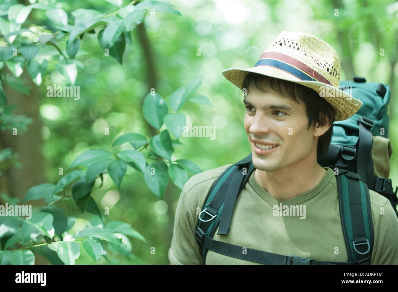 Hiker in forest, smiling Stock Photo - Alamy