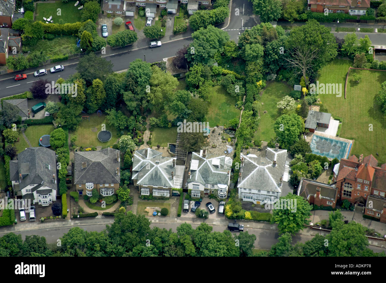 Oblique high level aerial view down of High Barnet Road Area London EN5 ...
