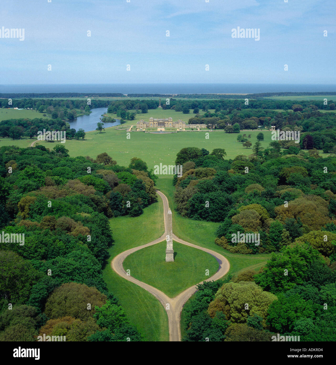 Holkham Hall and parkland with monument Norfolk UK aerial view ...