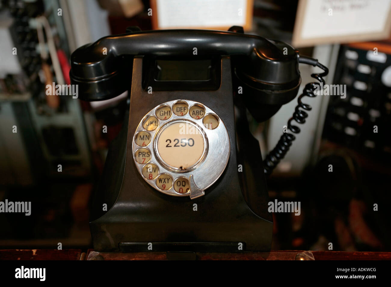 Vintage black Bakelite telephone with dial on front on exhibit at ...