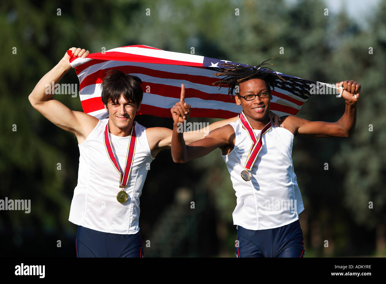 Male Runners Carrying US Flag Stock Photo - Alamy