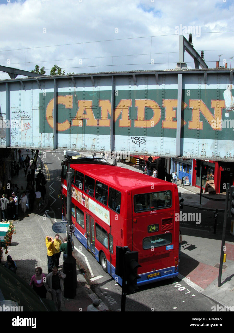 A red London bus passing under the Camden Market Bridge Stock Photo - Alamy