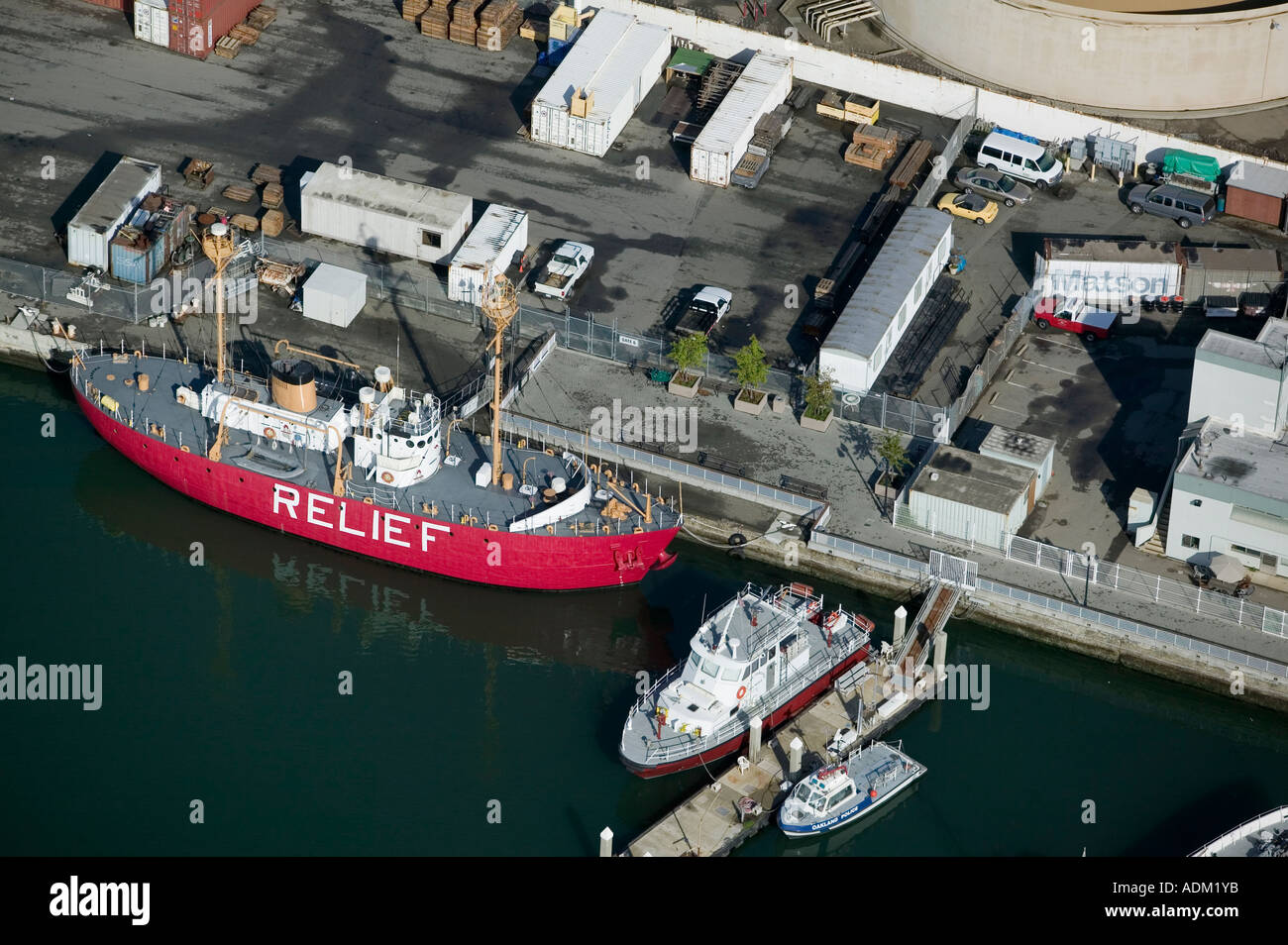 aerial view above port of Oakland ca lightship relief police boat ...