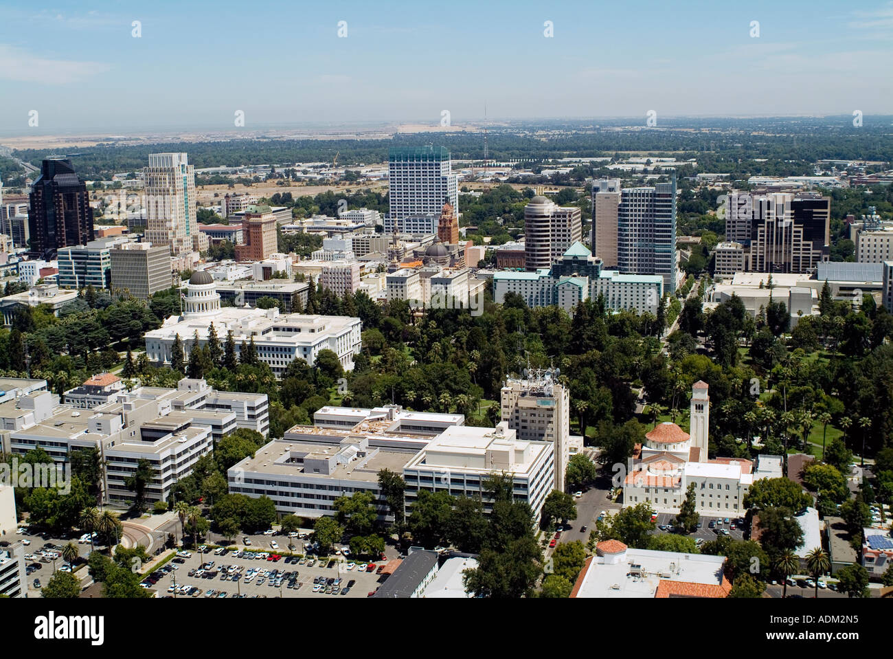 aerial view above Sacramento California skyline at capitol building ...