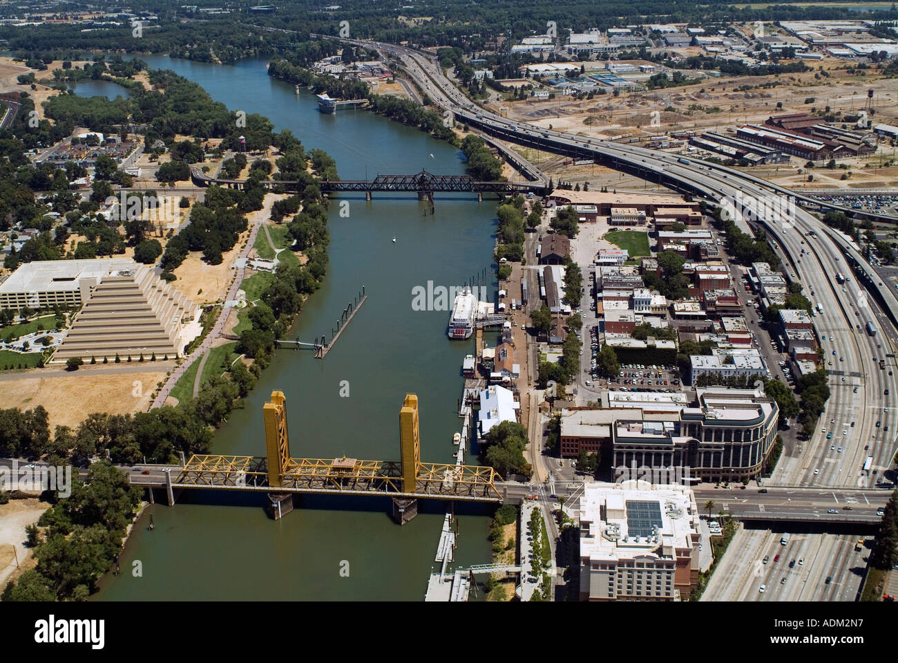 aerial view above Tower bridge and Sacramento old town California Stock ...
