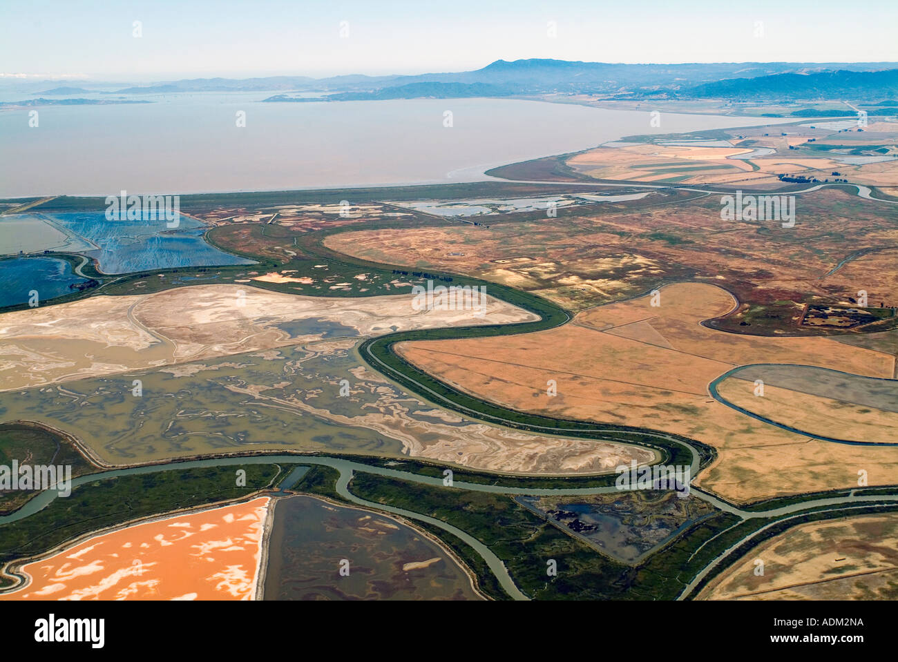 aerial above Napa California salt pond restoration project San ...