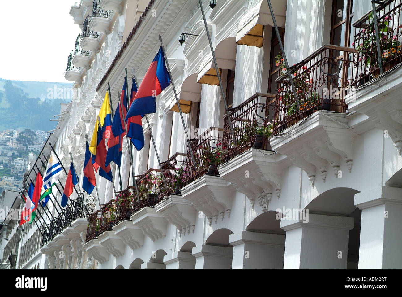 Colonial architecture with balconies on the Main Square of Old Quito ...