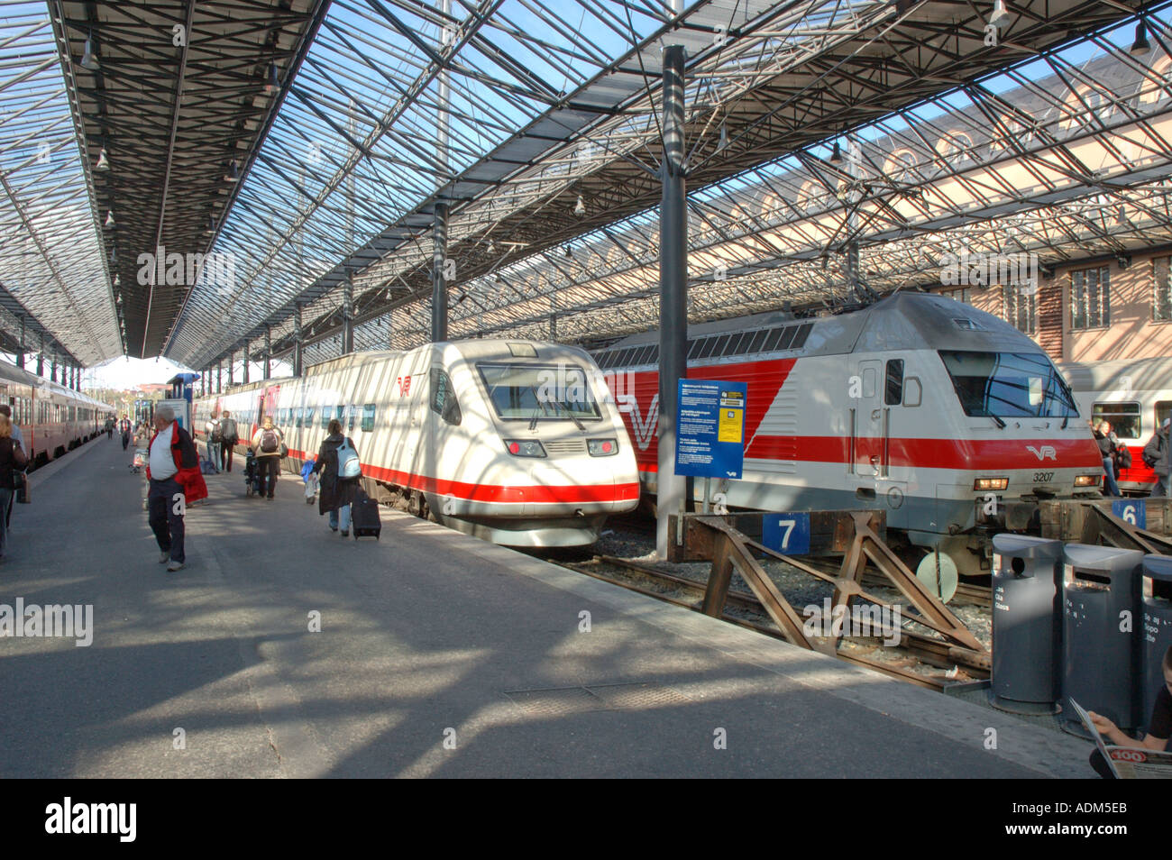 Modern trains at the platform in Helsinki's main railway station ...