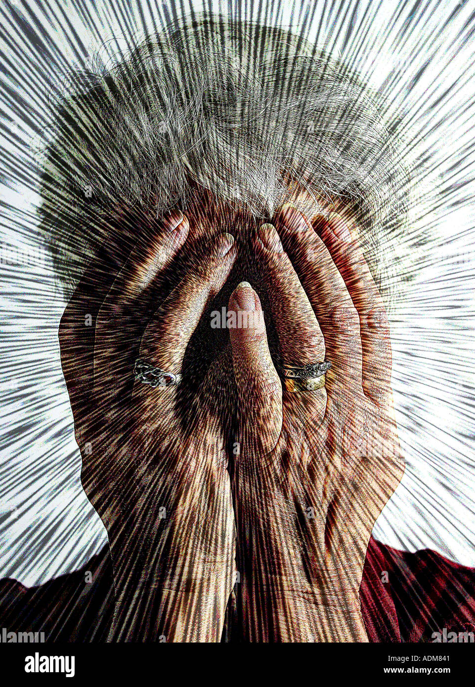 Woman with hands in front of face with despair with focus lines to ... Woman with hands in front of face with despair with focus lines to ...