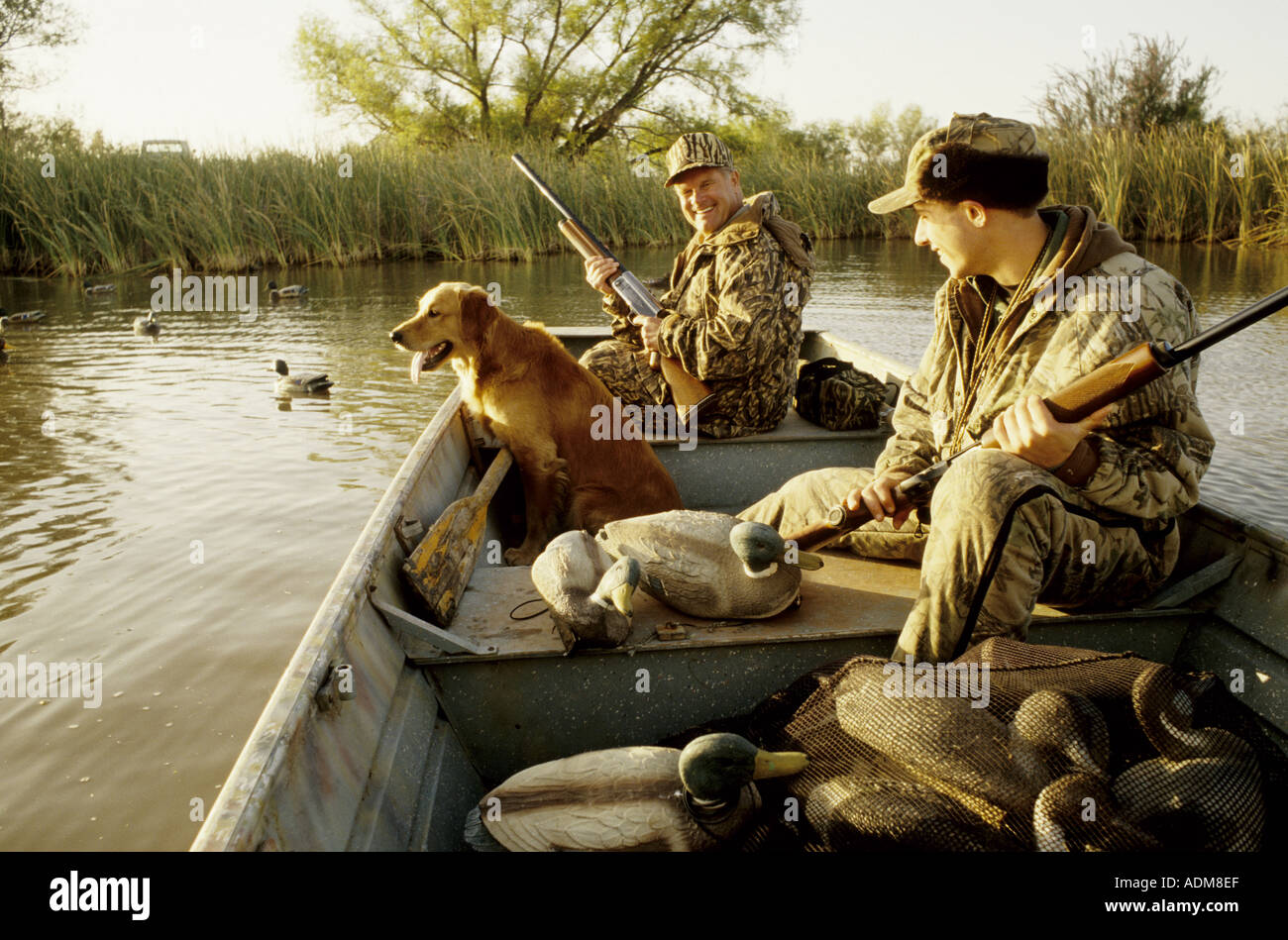 Men in boat with dog hunting Stock Photo - Alamy