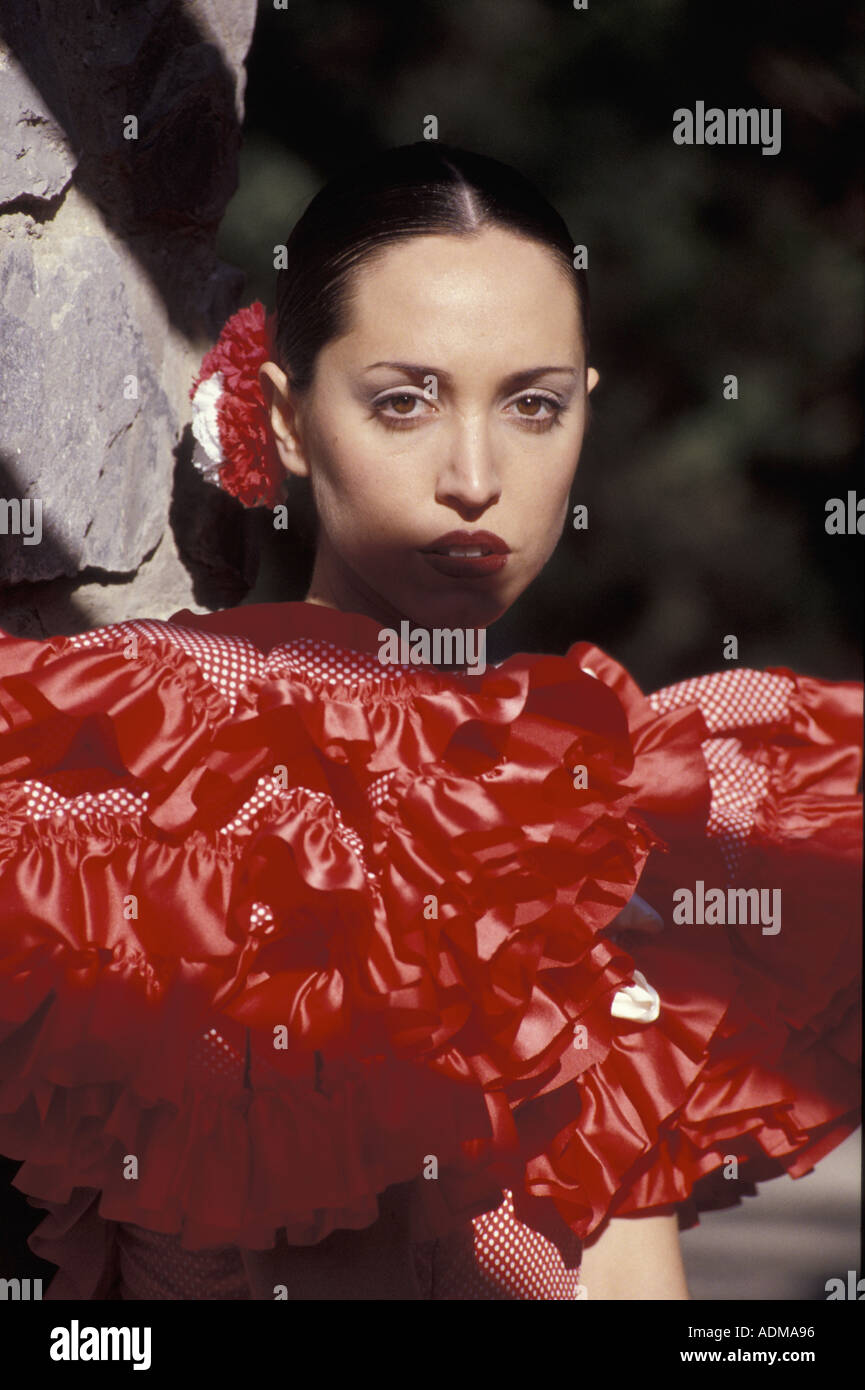 Spanish young woman dressed in sevillana traditional attire MR Seville ...