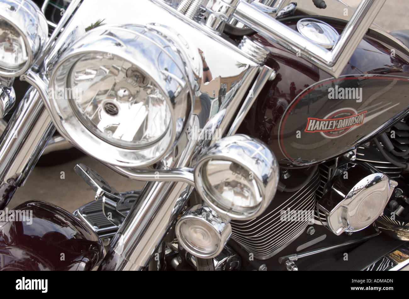 Closeup of the front end of a Harley Davidson chrome motorcycle Stock ...