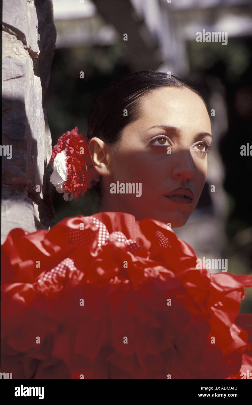 Spanish young woman dressed in sevillana traditional attire MR Seville ...