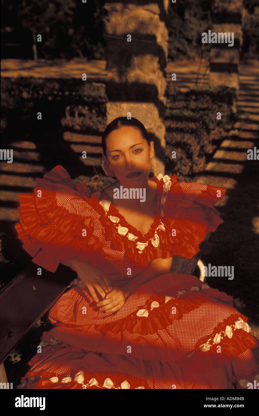 Spanish young woman dressed in sevillana traditional attire MR Seville ...