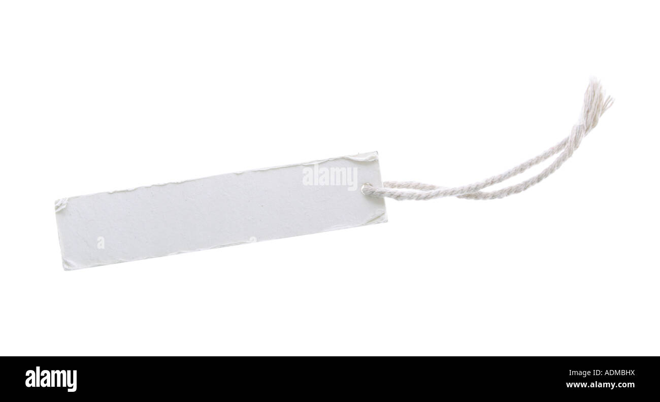 grunge white tag with cotton thread isolated on white background ...