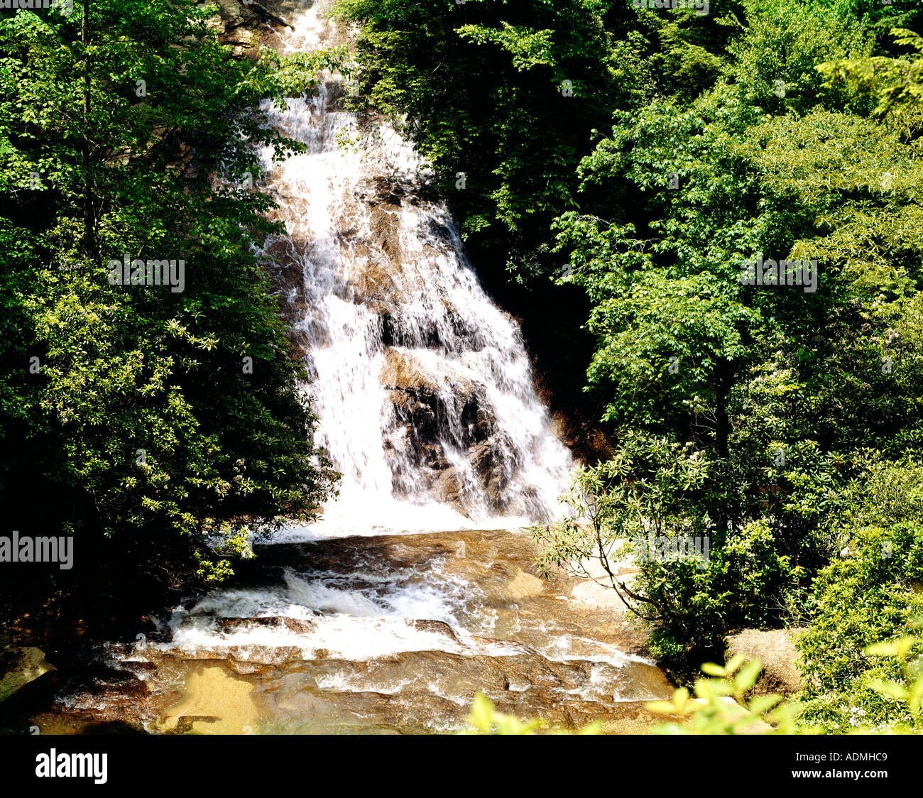 Connestee Falls in North Carolina cascades over rocky terrain into a ...