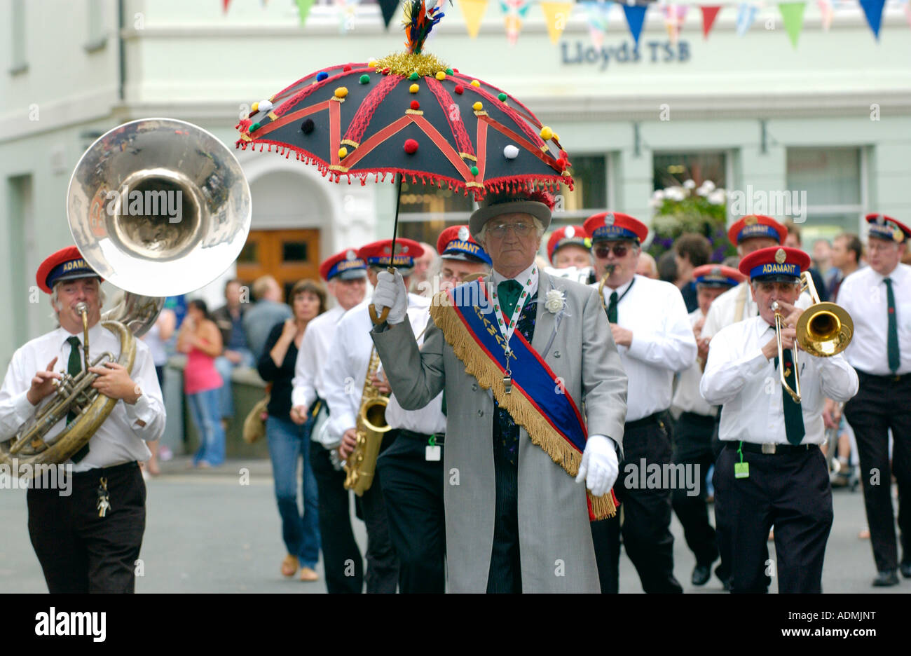 Adamant Jazz Band march in the street at Brecon Jazz Festival Powys ...