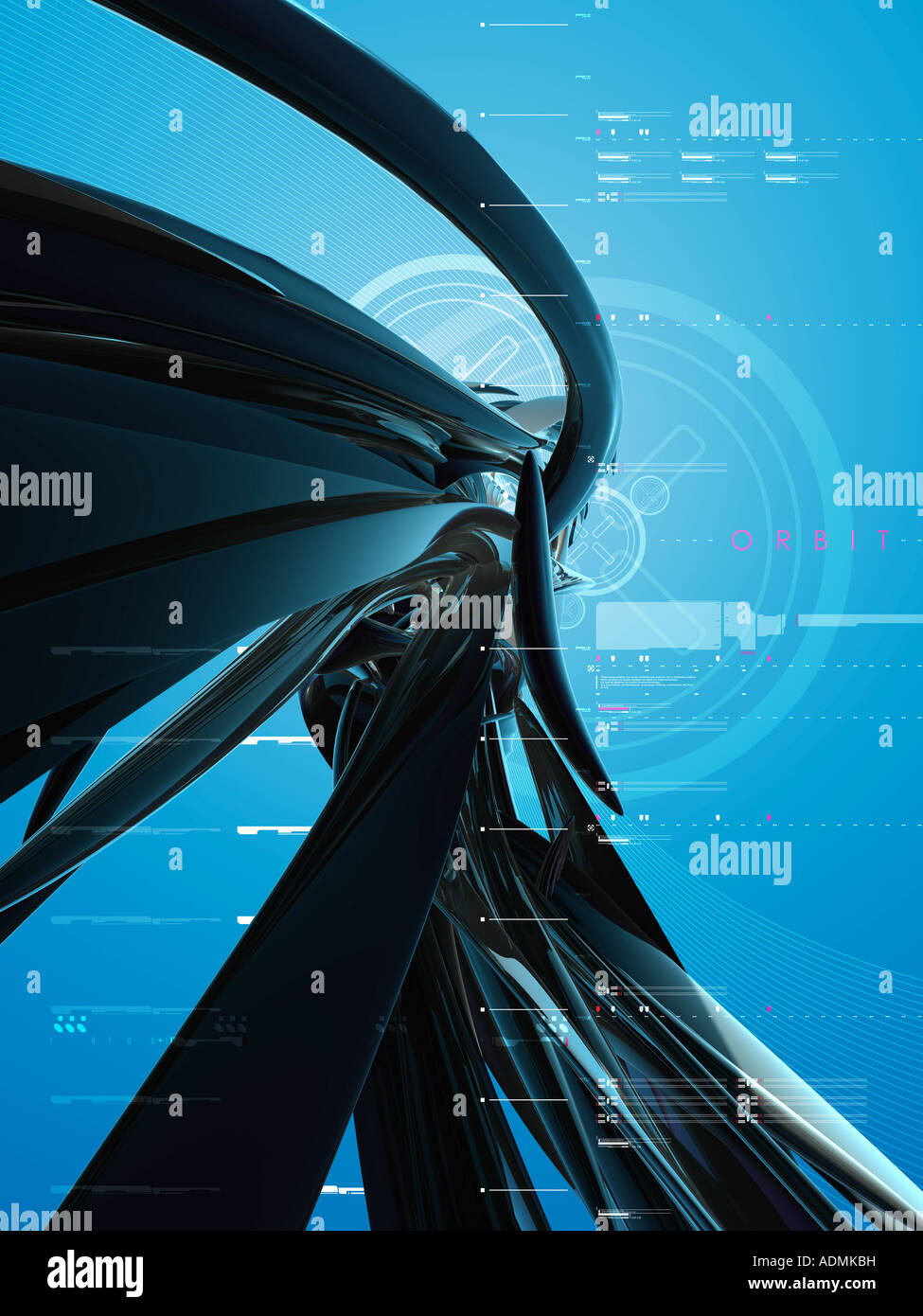 Three dimensional object moving toward a vanishing point against blue ...