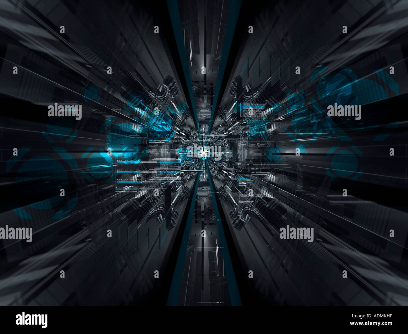 Grey objects against dark background and blue light beam Stock Photo ...