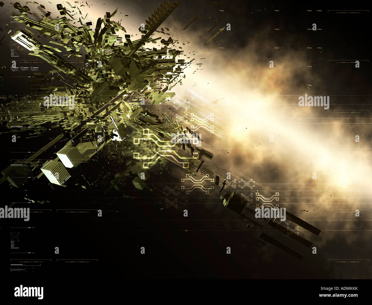 Three dimensional green objects exploding against black background ...