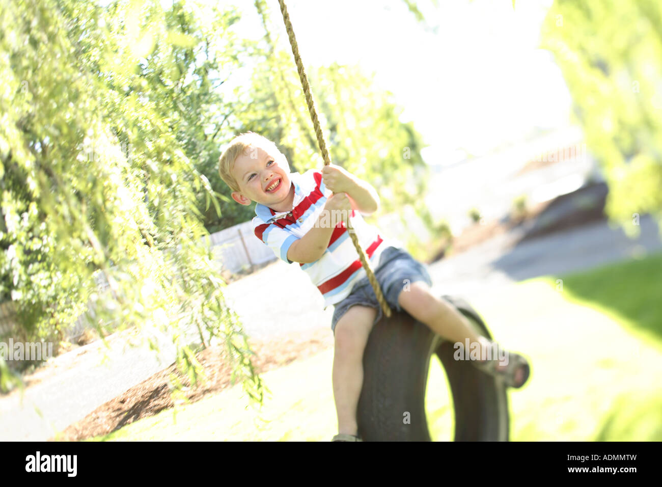 Boy on tire swing Stock Photo - Alamy