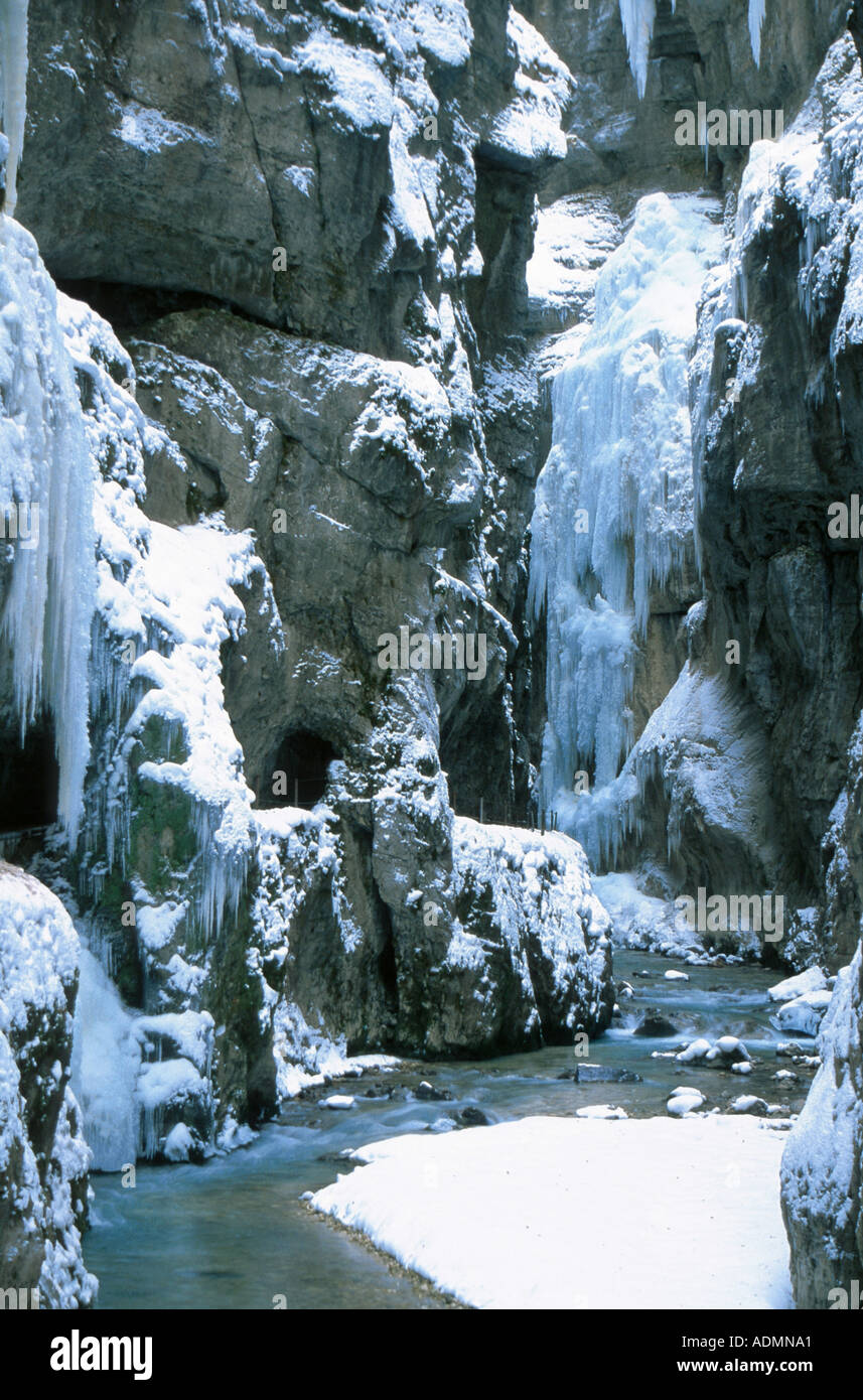 icy waterfalls in the Partnachklamm, in winter, Germany, Bavaria ...