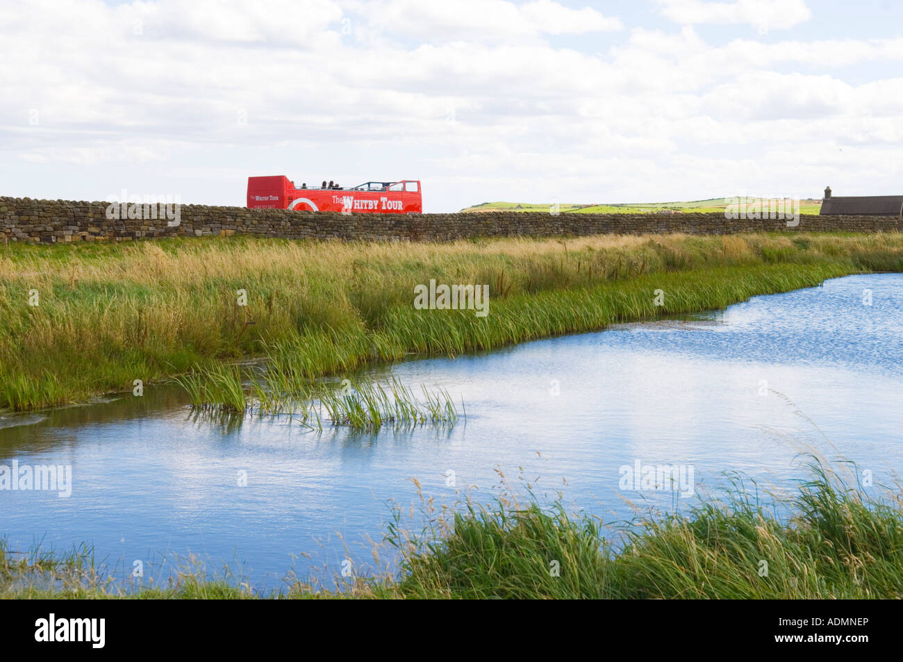 The Whitby tour open top bus passing lake in abbey grounds Stock Photo ...