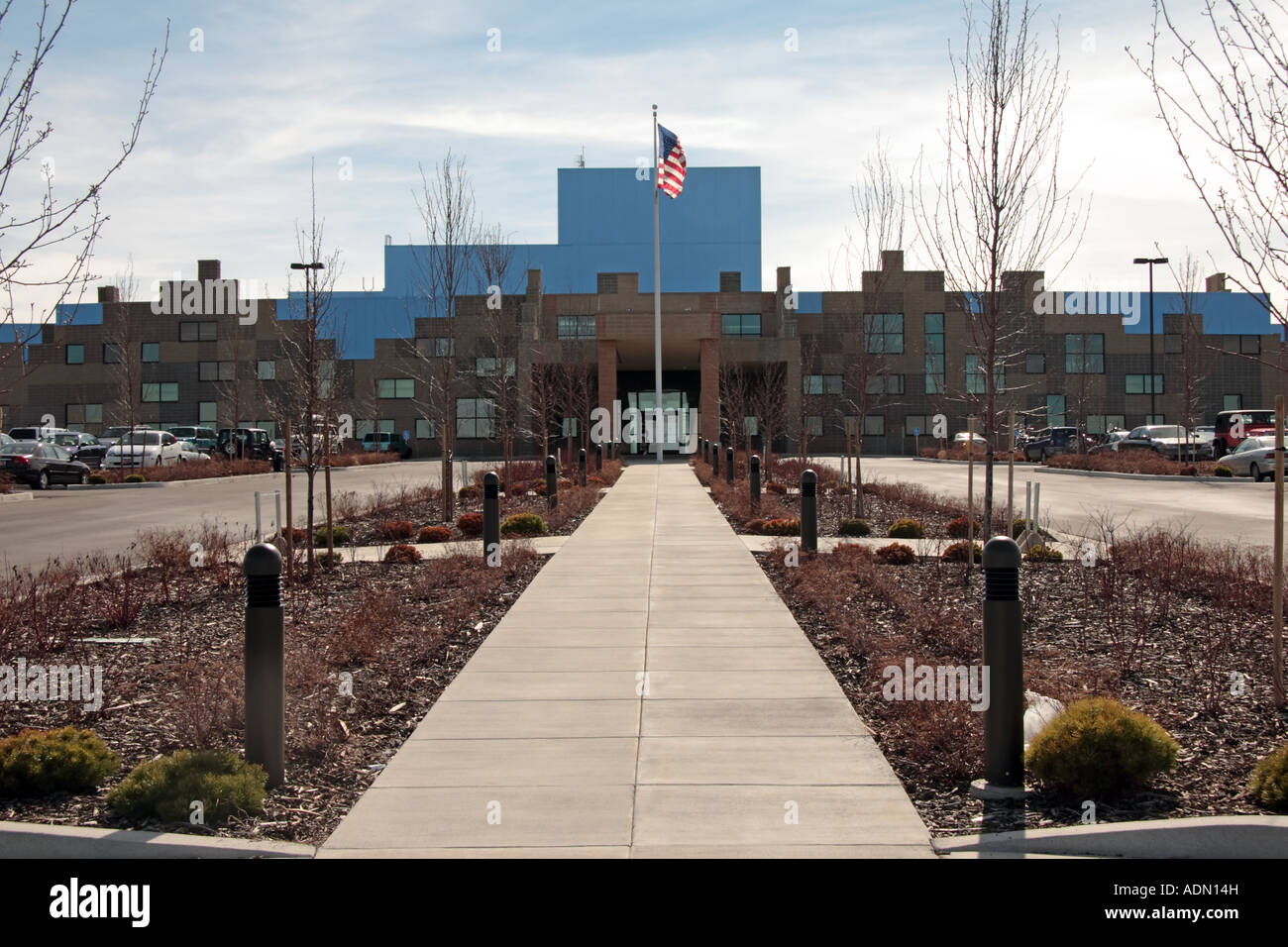 A distant view of a modern architecture building in the USA. It makes ...