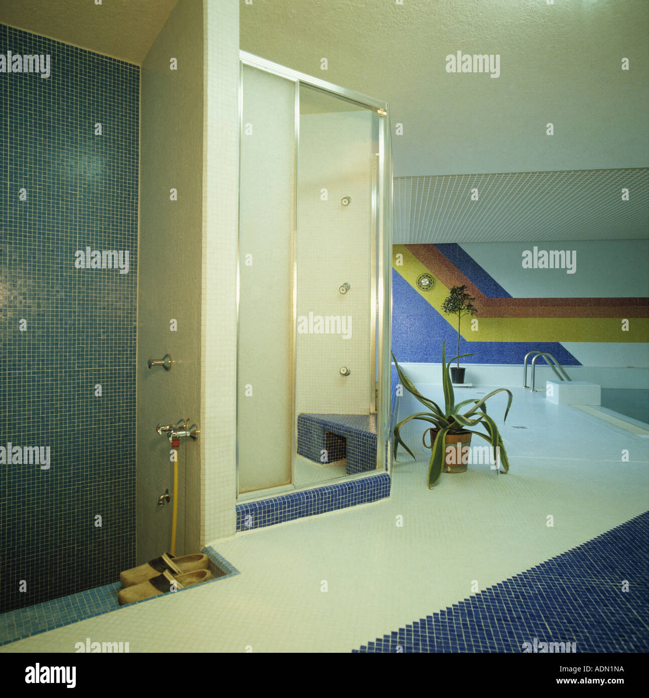 Mosaic tiled shower in modern indoor swimming pool Stock Photo - Alamy