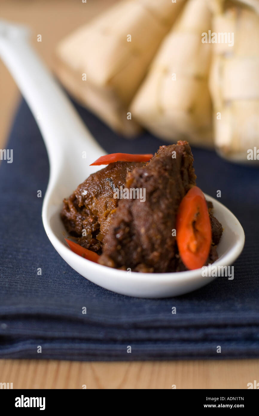 Rendang Malay beef curry with ketupat glutinous rice cakes wrapped in ...