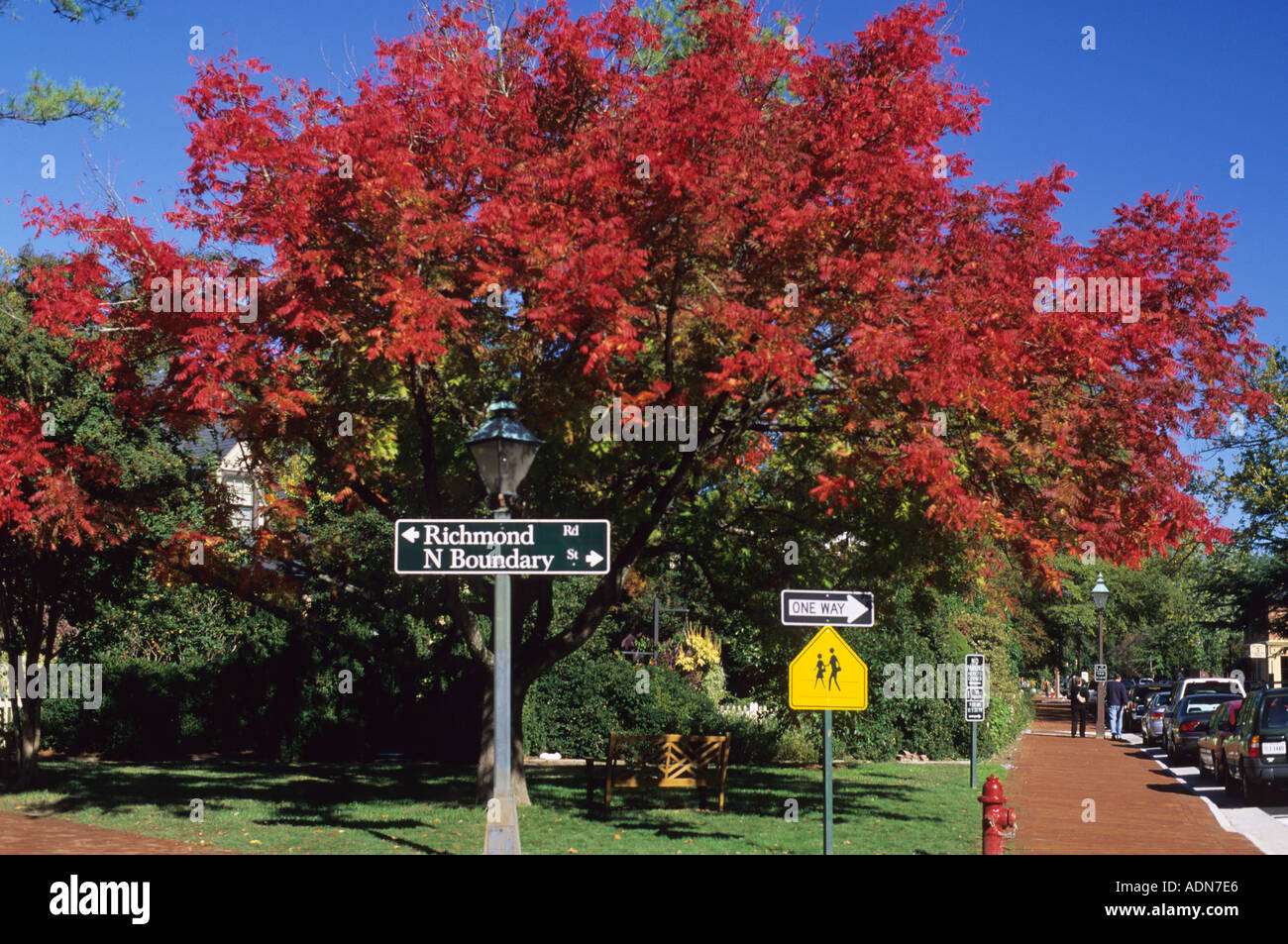 Fall colors at an intersection in colonial Williamsburg Virginia Stock ...