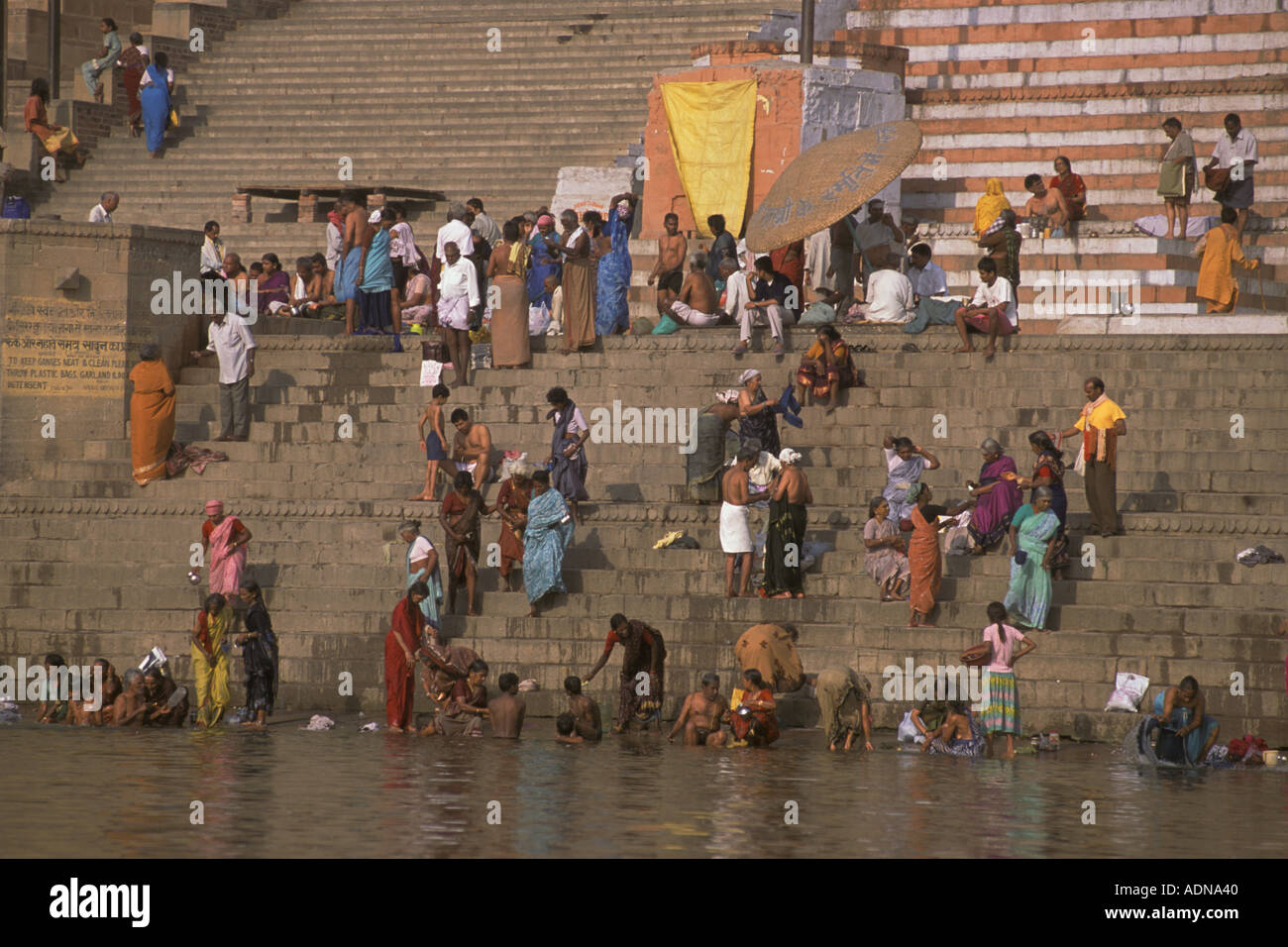 India, Uttar Pradesh, Varanasi, Ganges River, ghats & early morning ...