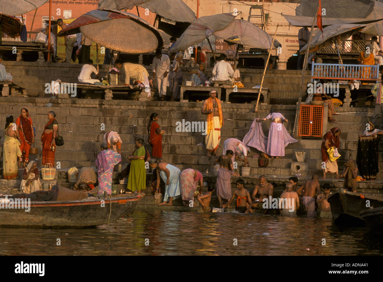 India, Uttar Pradesh, Varanasi, Ganges River, ghats & early morning ...