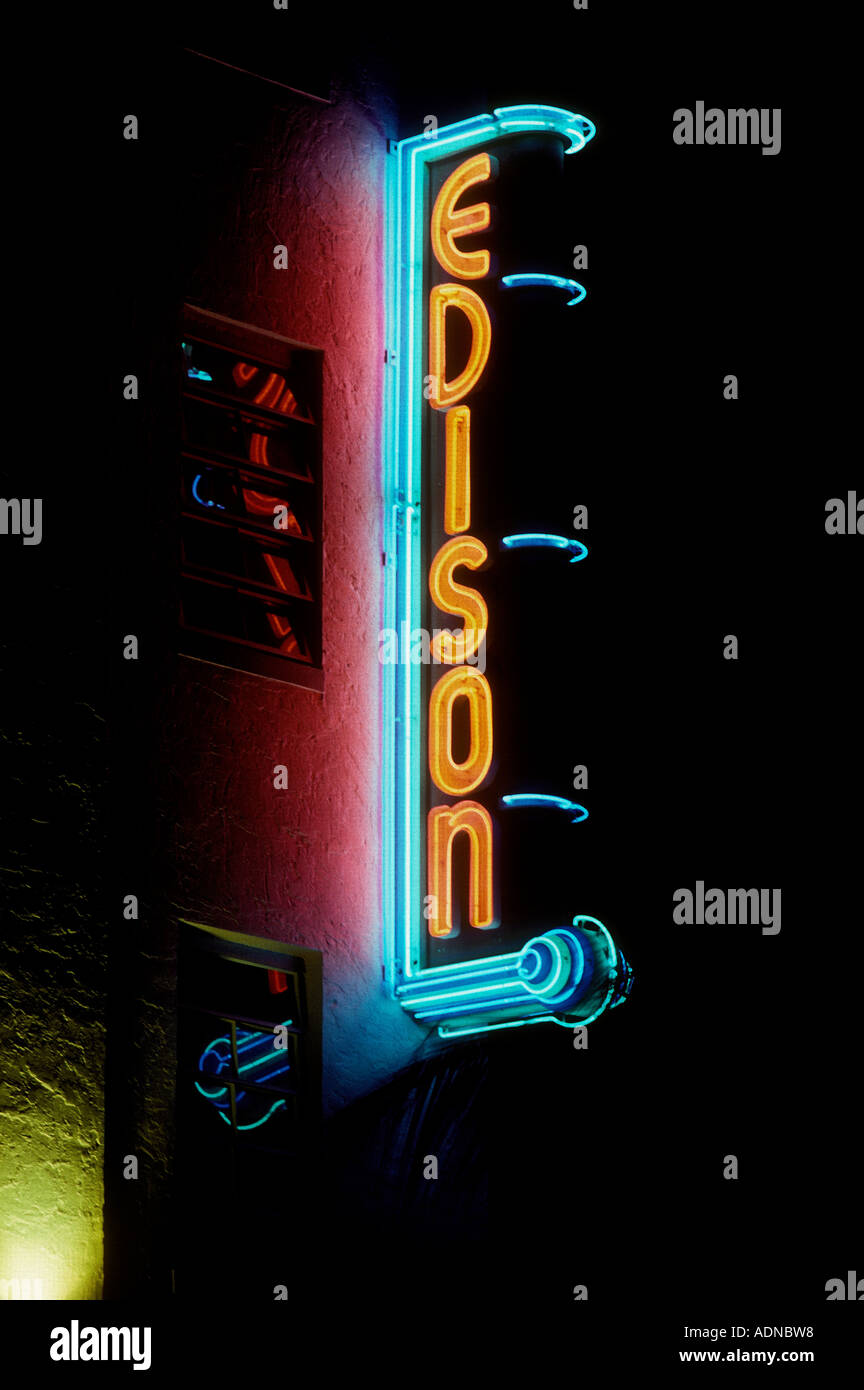 Neon sign of Edison Hotel, Miami Beach, Florida, USA Stock Photo - Alamy