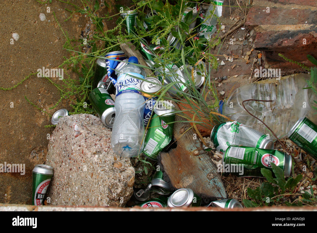 Pile of beer cans and plastic drinks bottles discarded at beach Stock ...