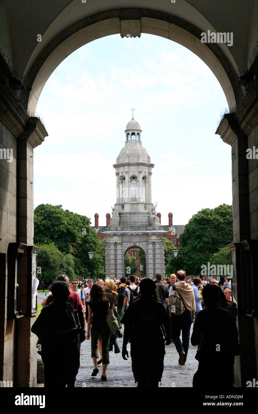 clock tower at Trinity College in Dublin in Ireland seen through the ...