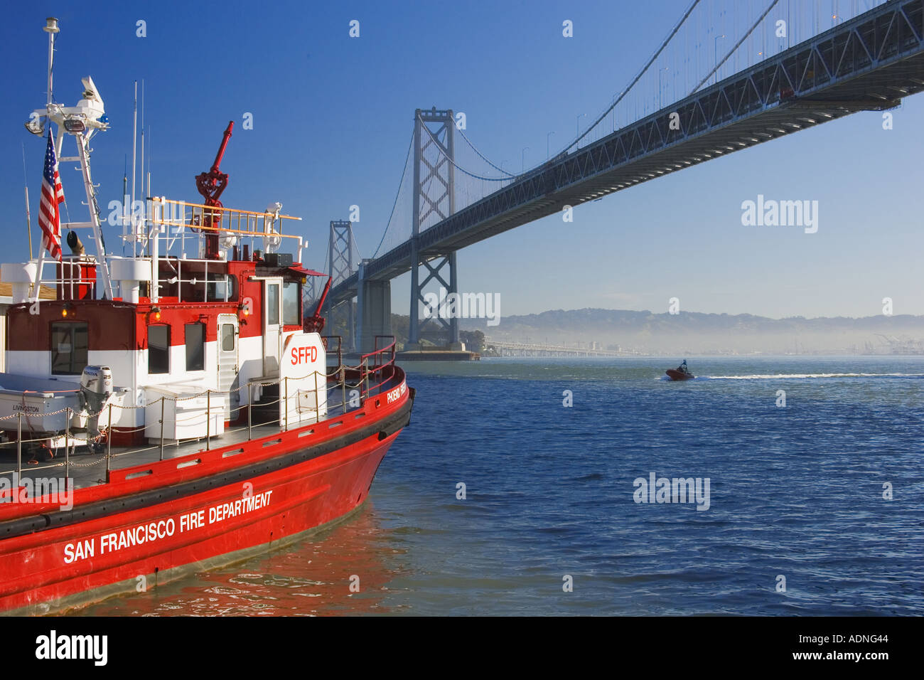 San Francisco Fire Boat docked beneath the San Francisco Bay Bridge ...